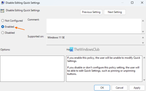 How to prevent or disable editing Quick Settings in Windows 11