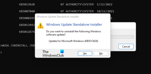 An error has occurred, Not all of the updates were successfully uninstalled