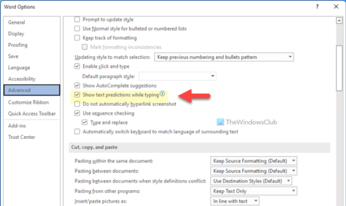 How to enable or disable Text Predictions while typing in Word
