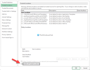 Enable, add, remove, or modify Trusted Locations in Office