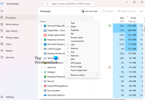 Windows Task Manager columns explained; How add columns