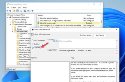 How to allow or block users from using Full screen mode in Edge