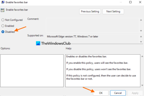 How to disable Show Favorites Bar in Microsoft Edge