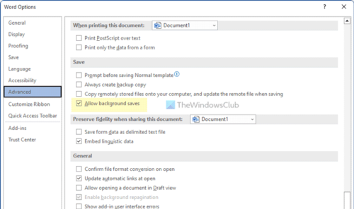 How to enable or disable Background Saves in Word