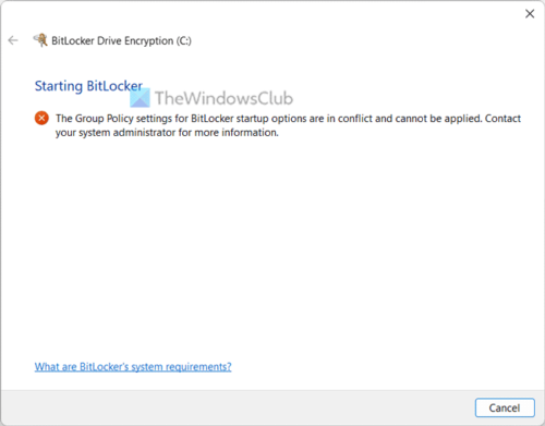 Group Policy settings for BitLocker startup options are in conflict