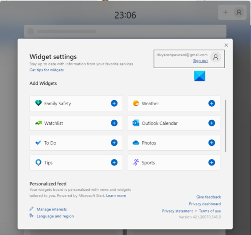 How to sign in or sign out of Widgets Board in Windows 11