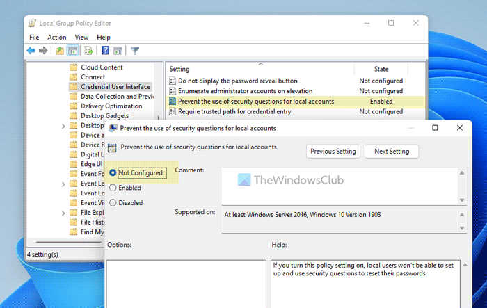 Unable to set Security question for Local Account in Windows 11 Unable to set Security question for Local Account in Windows 11