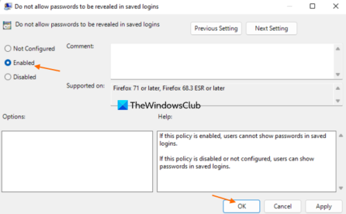 How to remove Reveal Password button for saved logins in Firefox