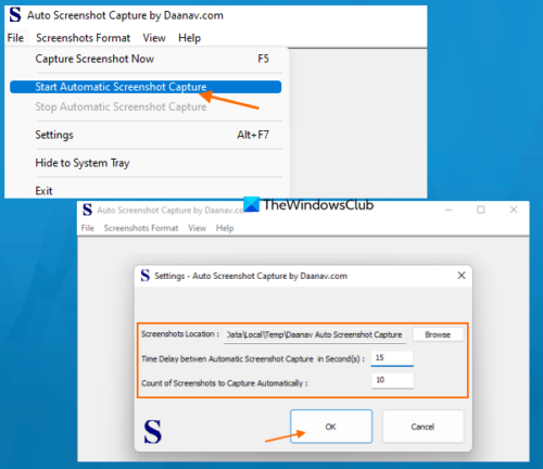 Auto take screenshots at regular intervals in Windows 11/10