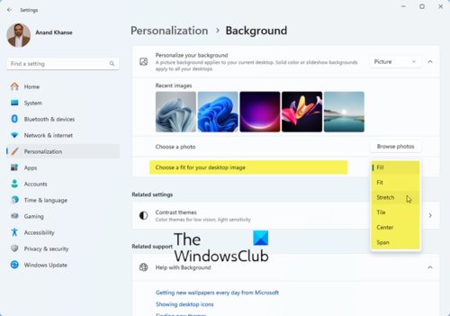 Center, Fill, Fit, Stretch, Tile, Span wallpapers in Windows 11/10