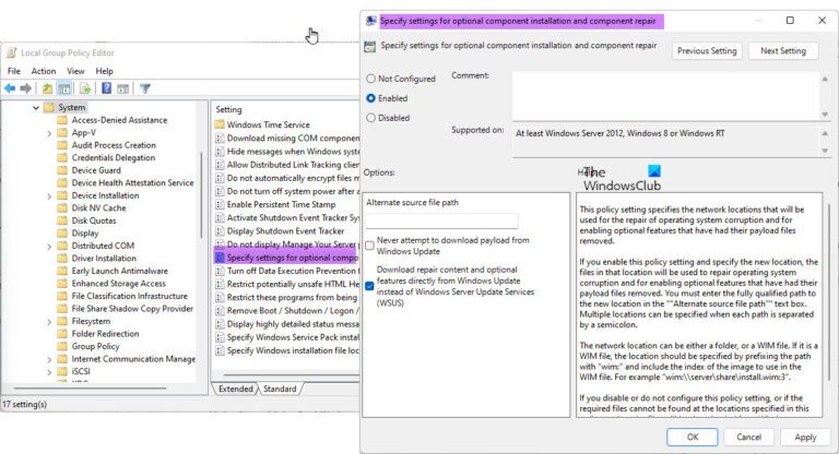 Make Windows repair corrupt components when pointed to WSUS