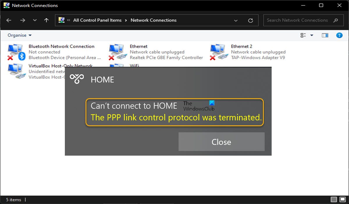 The PPP link control protocol was terminated, Error 734