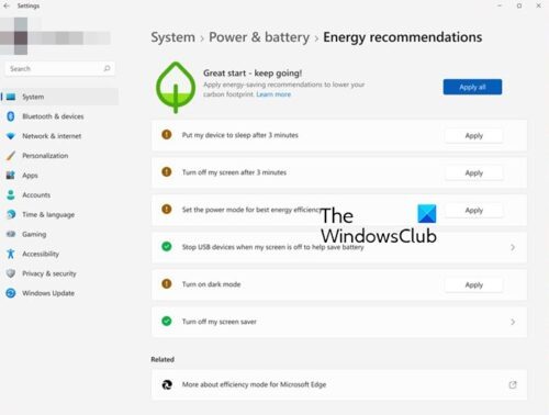 Sustainable, Green, Power efficient settings for Windows 11