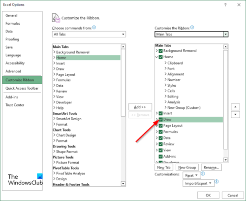 How to add and use Draw tab in Excel