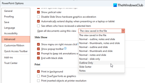 Always open PowerPoint in Outline, Notes, or Slide Sorter mode