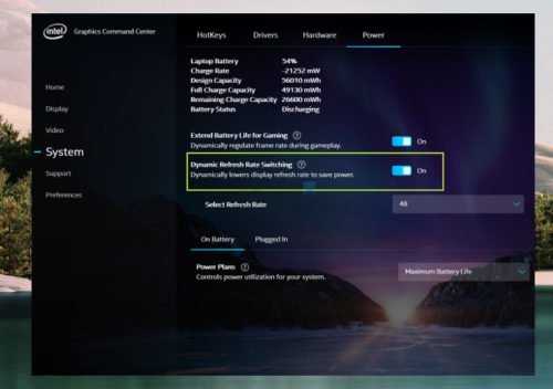 Refresh Rate changes automatically when unplugging the Charger
