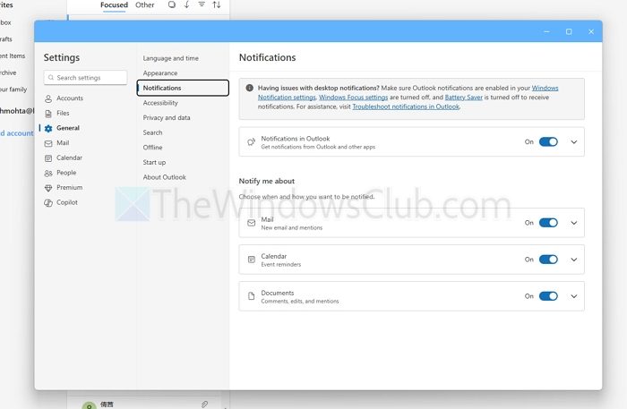 Outlook app Notifications not working in Windows 11