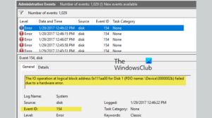 Event ID 154, The IO Operation failed due to a hardware error