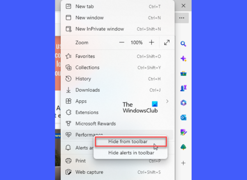 How to Show or Hide Performance button on Toolbar in Edge