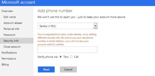 Can’t add phone number to Microsoft account