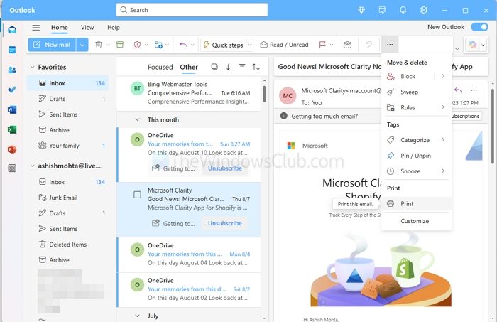 How to Print an Email from new Outlook app in Windows 11