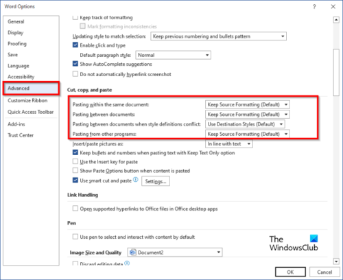 How to set Default Paste in Word