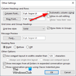 How to adjust Column Width in Outlook