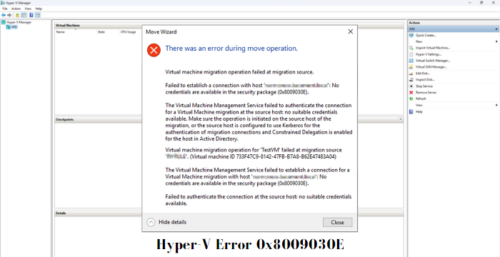 Hyper-V Error 0x8009030E, No credentials were available