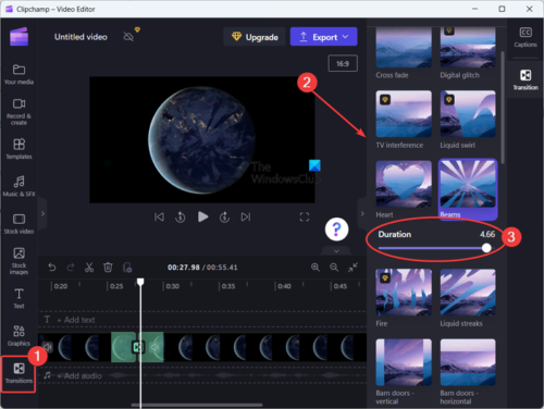 How to add Transitions in Clipchamp Video Editor of Windows 11