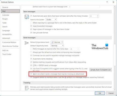 Enable or disable Forgotten Attachment Reminder in Outlook
