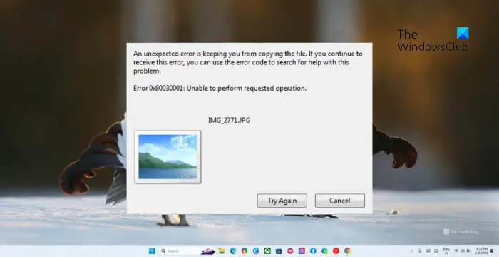 Error 0x80030001: Unable to perform operation while copying files Error 0x80030001: Unable to perform operation while copying files