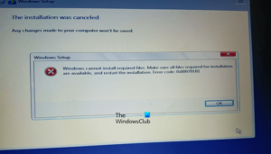 Windows cannot install required files, Error Code 0x800701B1