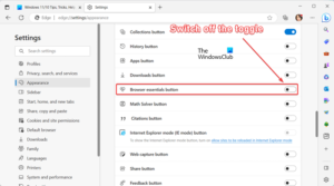 Disable Browser Essentials (Heart) button from Edge toolbar
