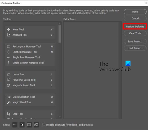 Fix Toolbar not showing or is missing in Photoshop on Windows