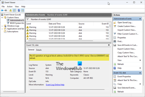 The IO operation at logical block address for Disk 0 was retried