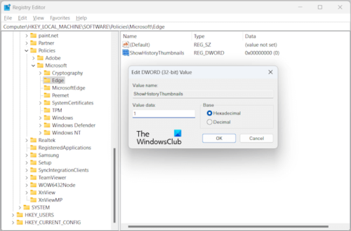 How to enable Save screenshots of site for History in Edge