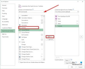 How to add the Camera tool in Excel
