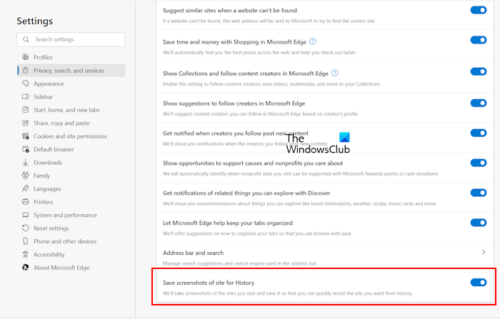 How to enable Save screenshots of site for History in Edge