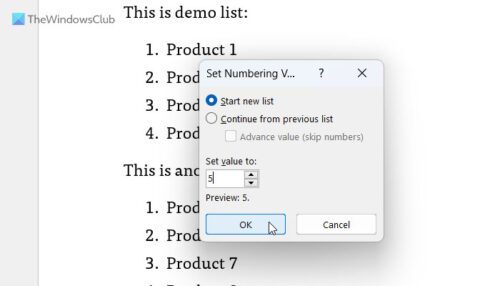 How to continue Numbering through two Lists in Word