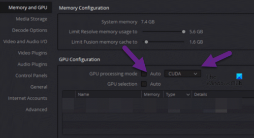 Unsupported GPU Processing Mode in DaVinci Resolve