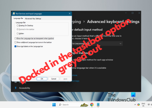 Language bar Docked in the Taskbar option greyed out in Windows