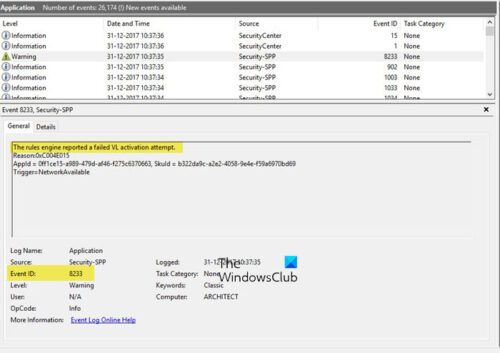 Event ID 8233, The rules engine reported a failed VL activation attempt