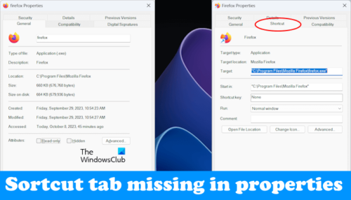 Shortcut Tab missing in Properties window in Windows 11