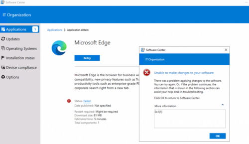 Edge installation failed with error code 1