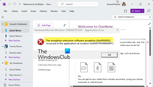 OneNote error 0xe0000002, Exception unknown software exception