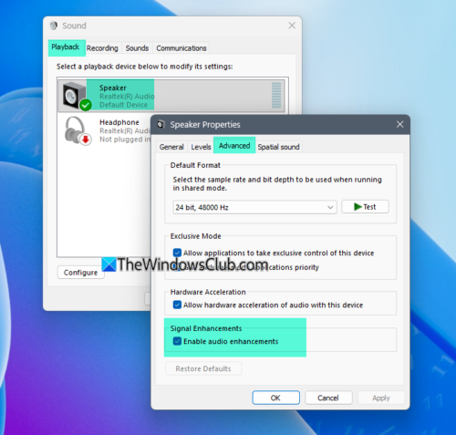 Disable or Turn off Audio Enhancements in Windows 11