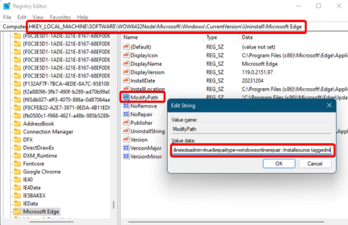 Cannot Repair or Reset Edge as Modify option is greyed out