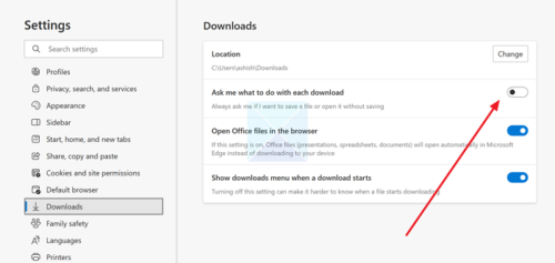 How to automatically open downloads in Edge