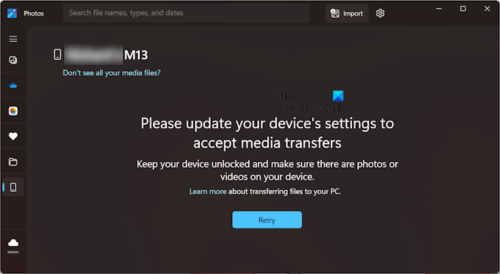 Please update your device's settings to accept media transfers