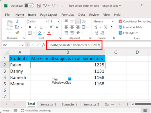 How to sum cells across multiple sheets in Excel